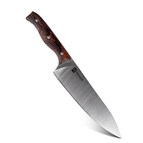 KEENSUN Chef Knife - 8 Inch Professional Kitchen Knife Rust Resistant VG10 Stainless Steel Chef Kitchen Ultra Sharp Cooking Knife,Orange-Black Damascus Pattern G10 Handle,Matte Knife Blade
