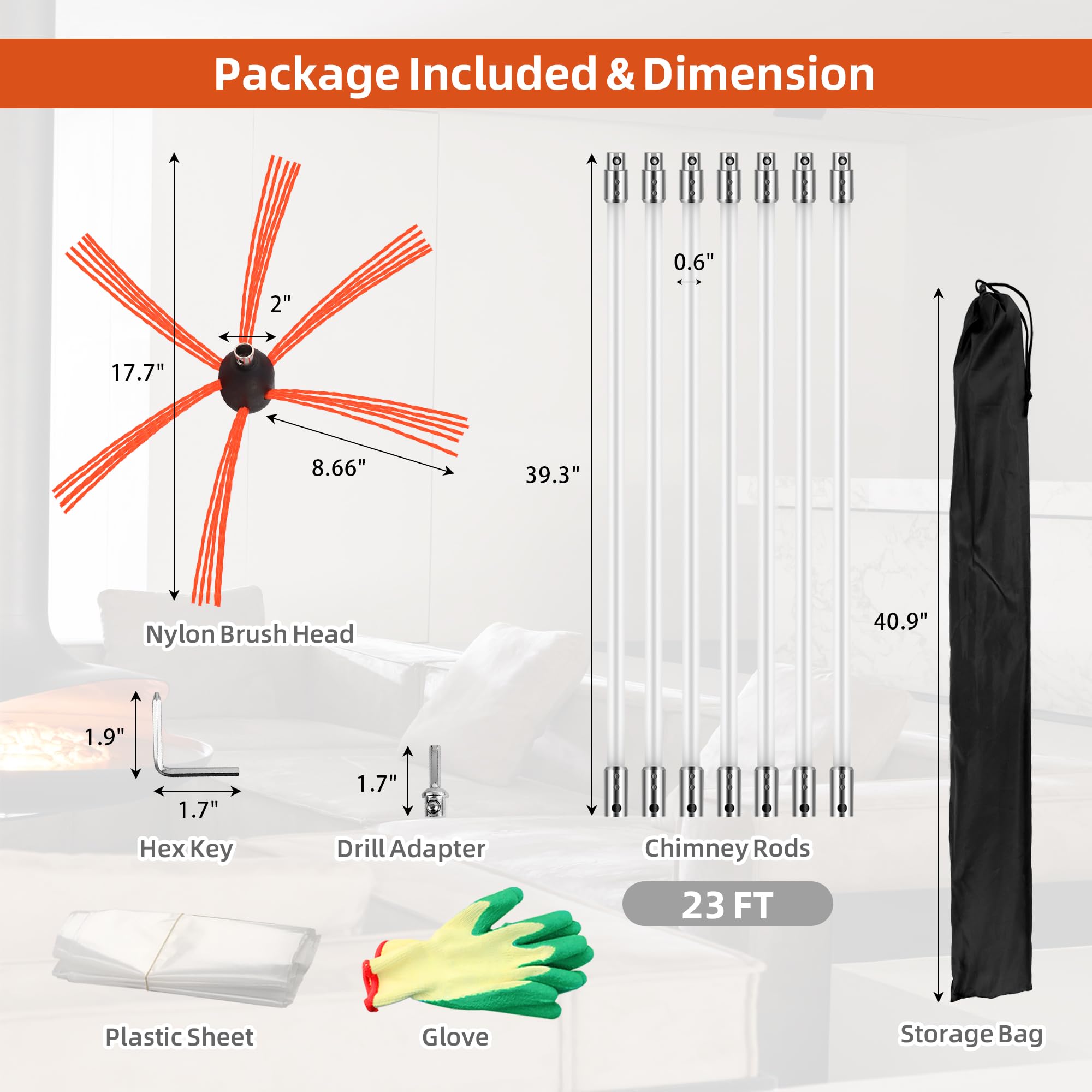 23 Feet Chimney Sweep Kit Chimney Cleaning Kit Chimney Brush, Rotary Chimney Cleaner Tool Kit with 7 Nylon Flexible Rods, Chimney Cleaning System Driven by Drill for Sweeping Fireplace Flue