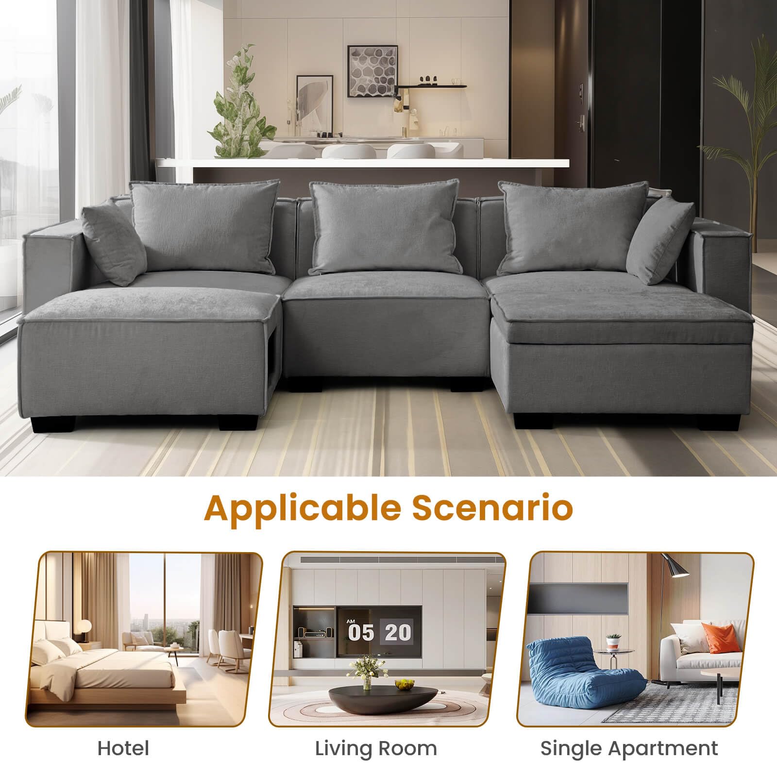 108.7 Inch Convertible U Shape Sectional Sofa, Modern Chenille Fabric, L Shaped 5 Seater Living Room with Chaise, High Support and Soft Foam with Storage and Cat Hole Footstool