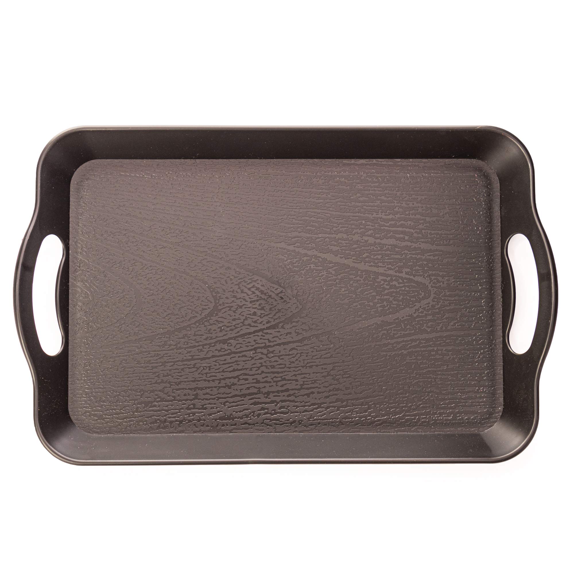 10-Pack Handled Cafeteria Trays - 14" x 9" Rectangular Wood Grain Textured Plastic Food Serving TV Tray - Great for Restaurant Buffets, Diners, School Lunch, Cafe Commercial Kitchen (Black)