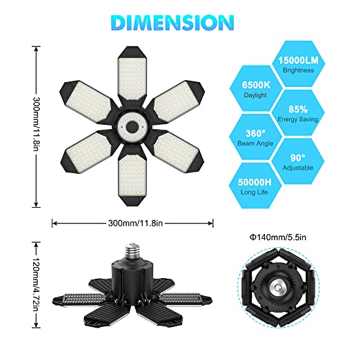 150W 15000LM Super Bright LED Light Bulb, Deformable Garage Ceiling Light with 6 Adjustable Panels, 6000k Daylight Garage Light Fixture, E26/E27 Screw in Garage Light Bulbs for Workshop Basement
