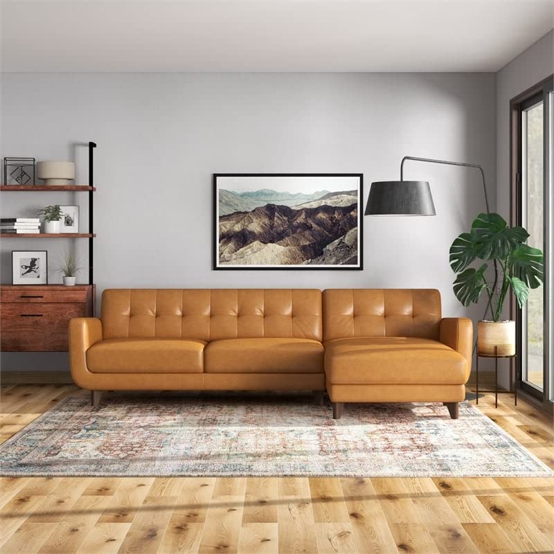 ASHCROFT Elva Mid Century L-Shaped Genuine Leather Right Facing Chaise Sectional, Light Brown Tufted Tight Back Sectional Sofa for Living Room Waiting Area Office Apartment Dorm Home, Tan
