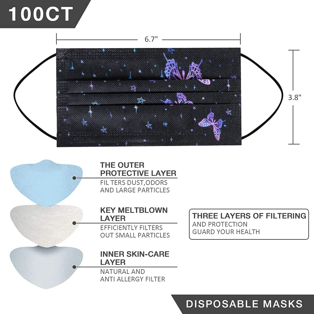 100 Pcs Disposable Face Masks - 3-layer Breathable Color Masks, Comfortable Protective Mouth Cover with Nose Clip,Disposable Colorful Masks for Adults