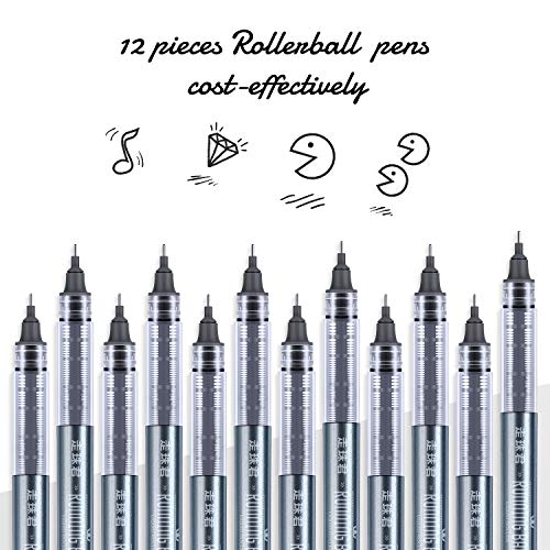 12 Pieces Rolling Ball Pens, Quick-Drying Ink 0.5 mm Extra Fine Point Pens Liquid Ink Pen Rollerball Pens (Black)