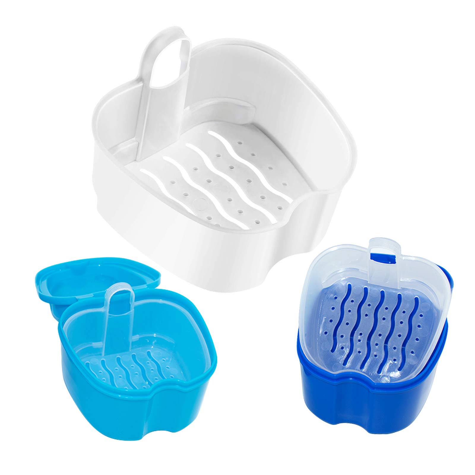 4 Pcs False Teeth Container, Denture Base Holder Box, Soaking Denture Bath with Strainer Basket & Denture Brush for Travel Overnight Denture Cleaning Case(Blue Green)
