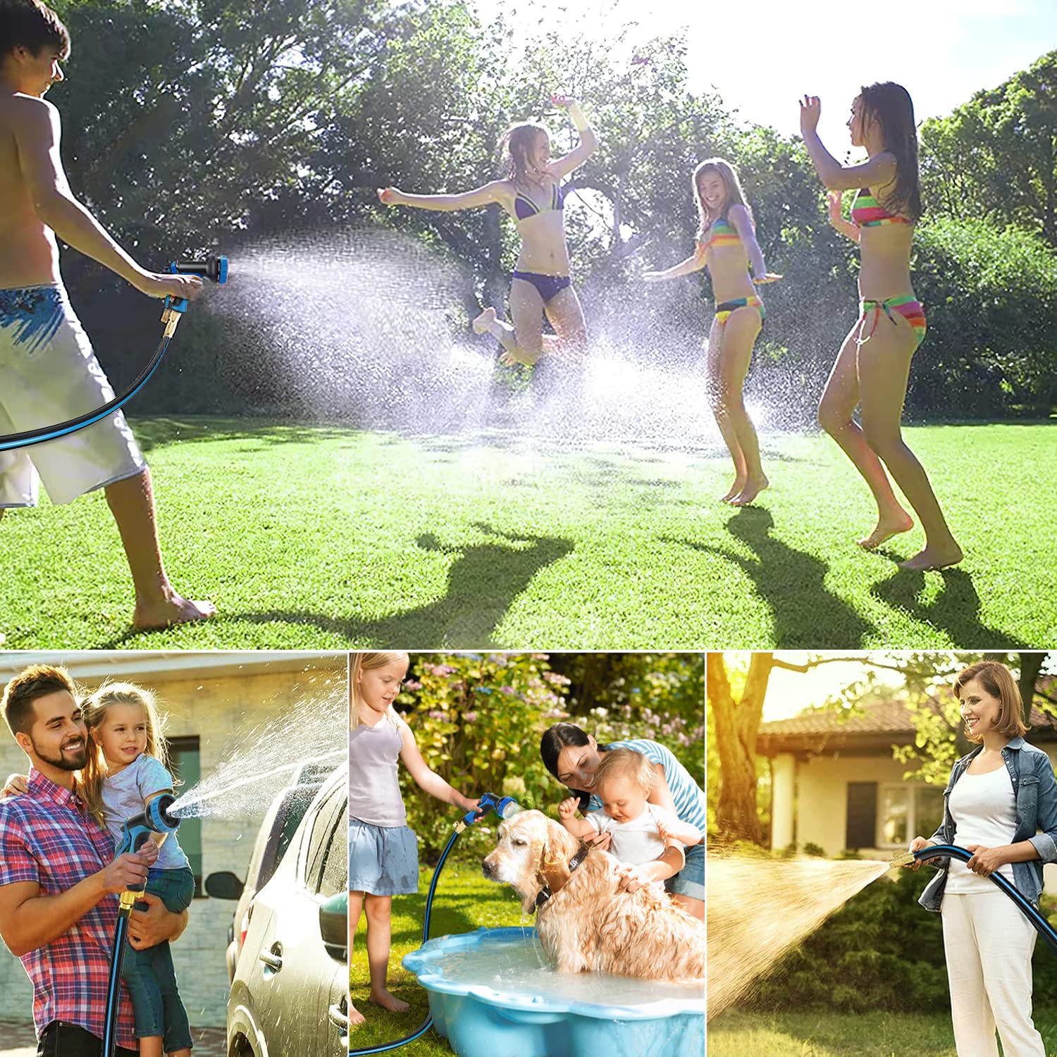 100 ft Heavy Duty Hybrid Garden Hose β Flexible & Lightweight Outdoor Water Hoses 5/8-In with 10 Pattern Spray Nozzle,Burst 600 psi, Kink-less Rubber Hose Car Washing Pipe, 3/4'' Solid Brass Fittings