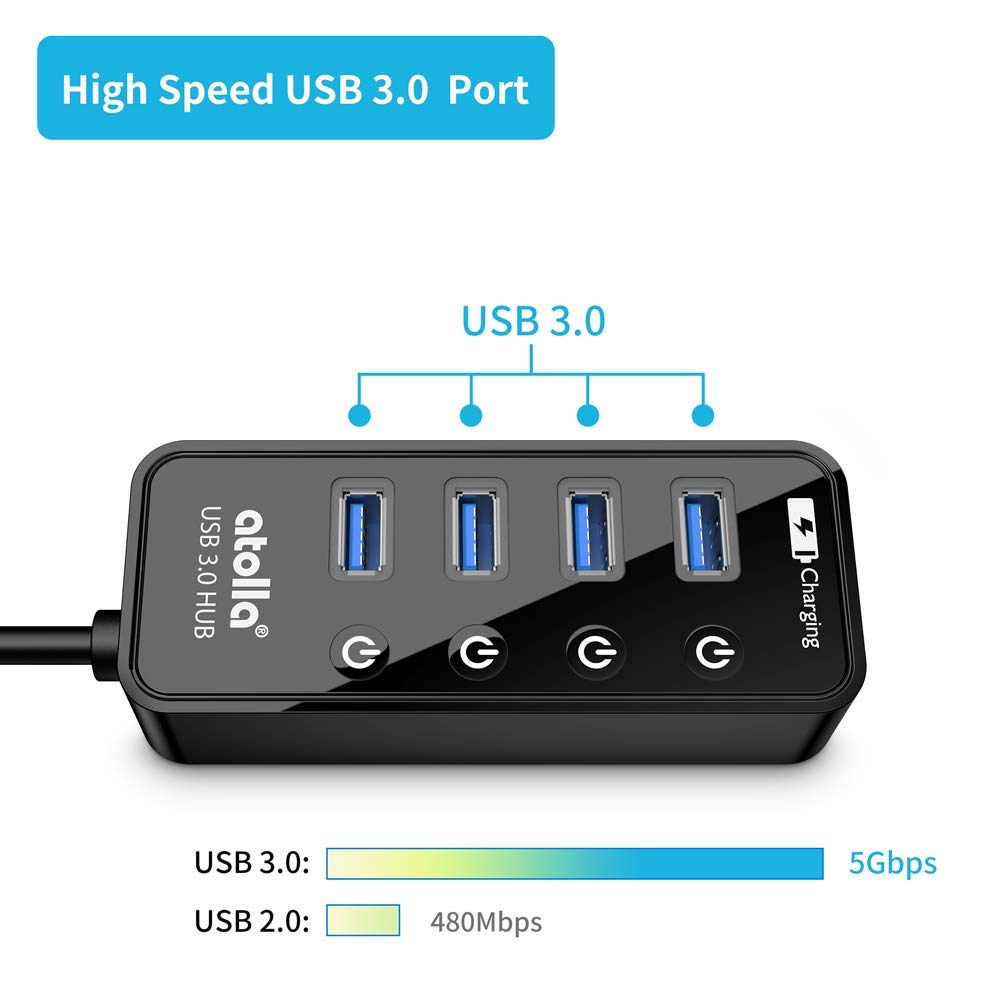 atolla 4-Port USB 3.0 Hub, USB Splitter with Individual On/Off Switches & LED
