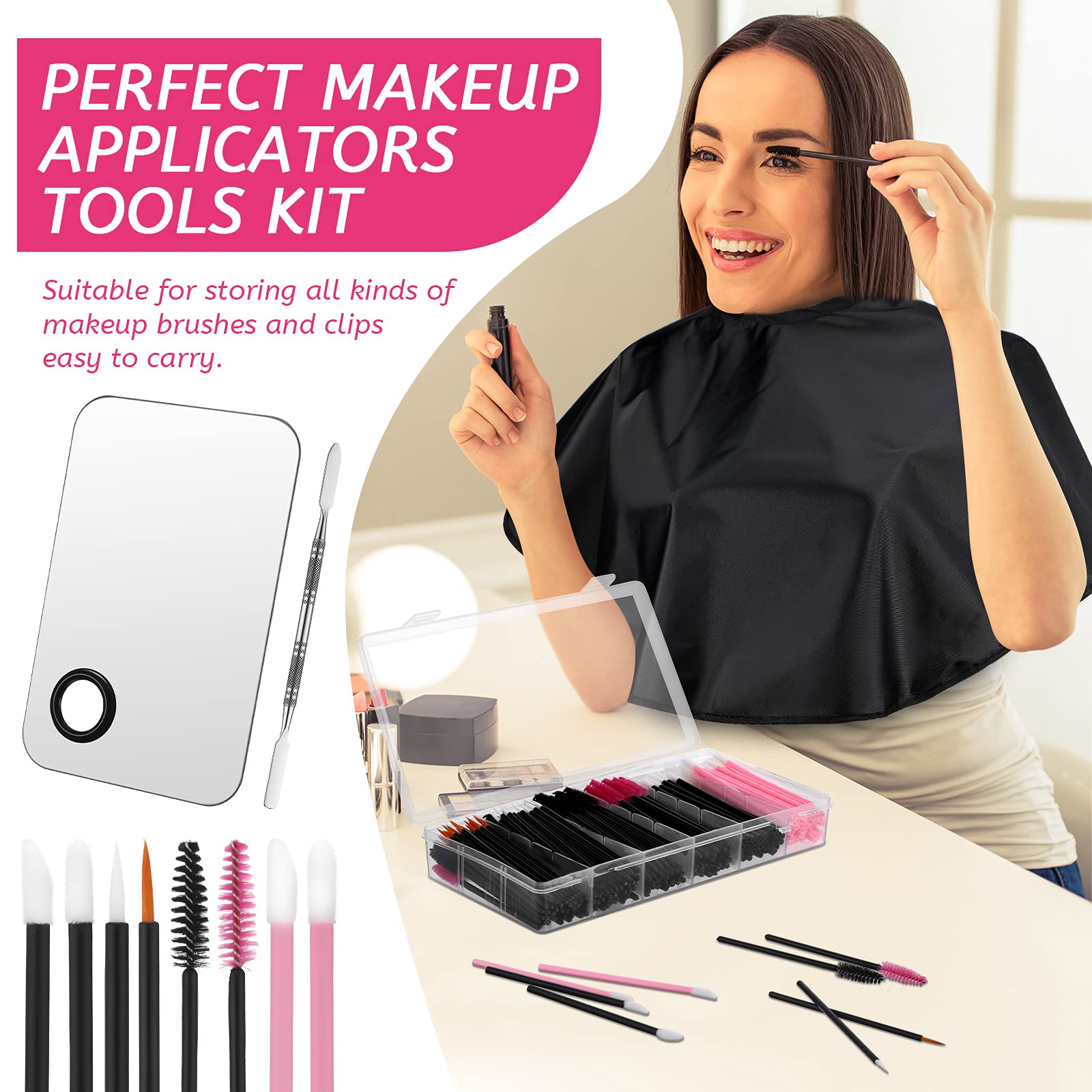 260 Pieces Disposable Makeup Tools Kit, Includes Eyeliner Brushes Mascara Wands Lipstick Applicators Plastic Storge Box Short Waterproof Cape Stainless Steel Makeup Palette and Spatula (Mixed Color)
