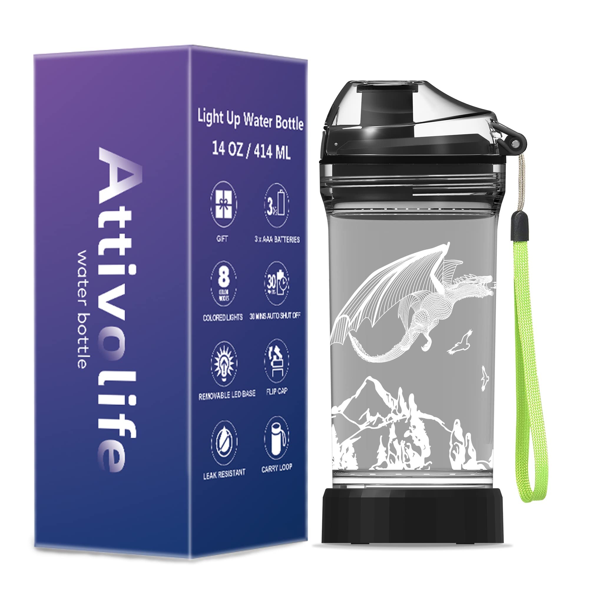 Attivolife Dragon Watter Bottle, 3D Illusion Glowing LED Light with 7 Color Changing Lights - 14 0z BPA Free - Creative Ideal Travel Cup Dinosaur Gift for School Boy Kid Child Holiday Camping Picnic