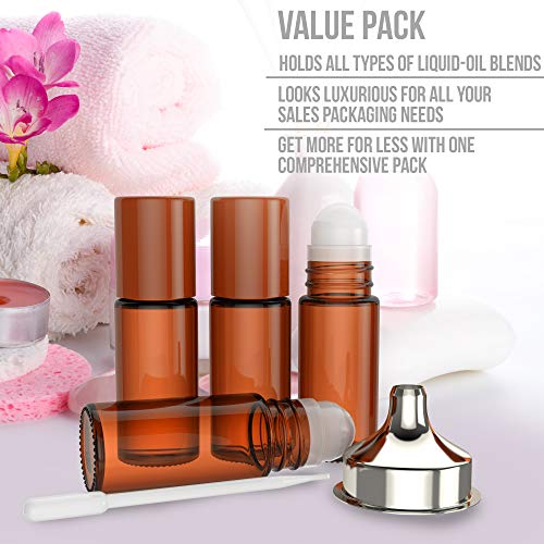 4 Pack Essential Oil Roller Bottles [Plastic Roller Ball] FREE Plastic Pippette and Funnel - Refillable Glass Color Roll On for Fragrance Essential Oil - 30ml 1 oz (ORANGE)