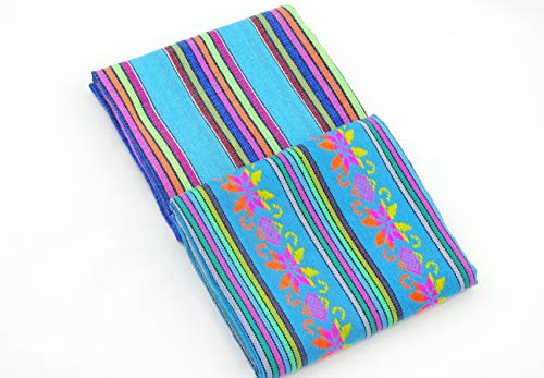 2 Yards Mexican Fabric by The Yard, Tribal Aztec Fabric, Mexican Embroidered Turquoise, Fiesta Decoration