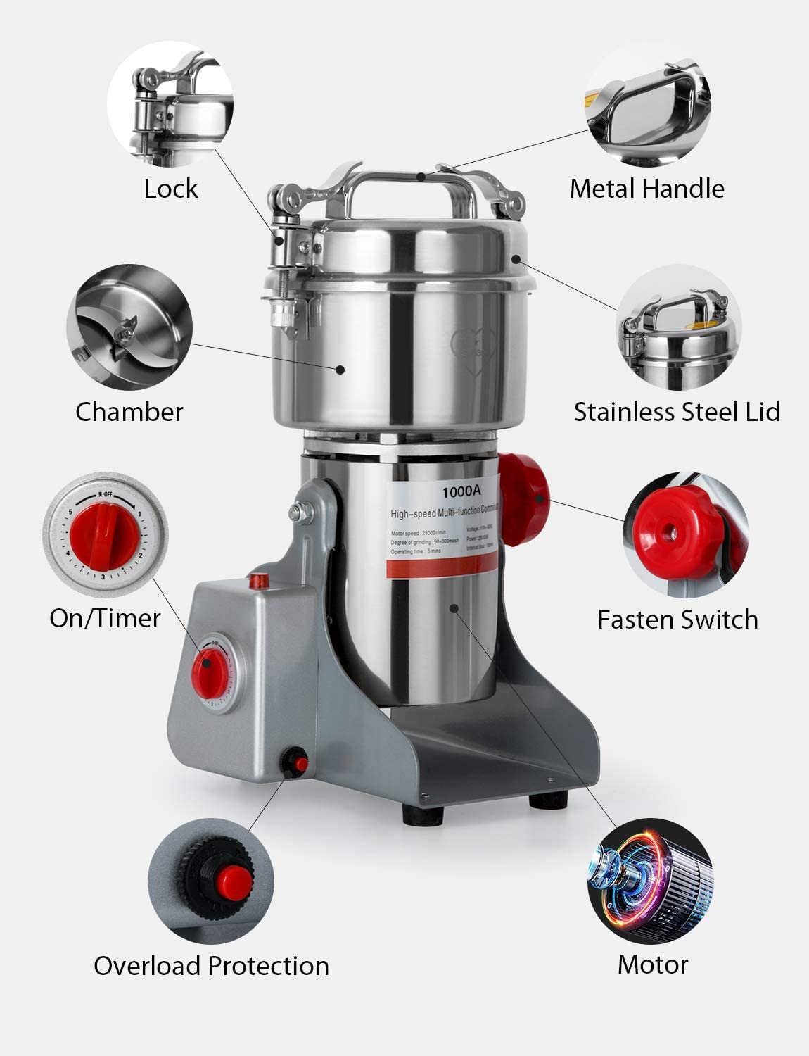 1000g Electric Grain Mill Grinder 2800W High Speed Powder Grinder Machine Stainless Steel Commercial Pulverizer Grinding Machine for Kitchen Pepper Coffee Corn