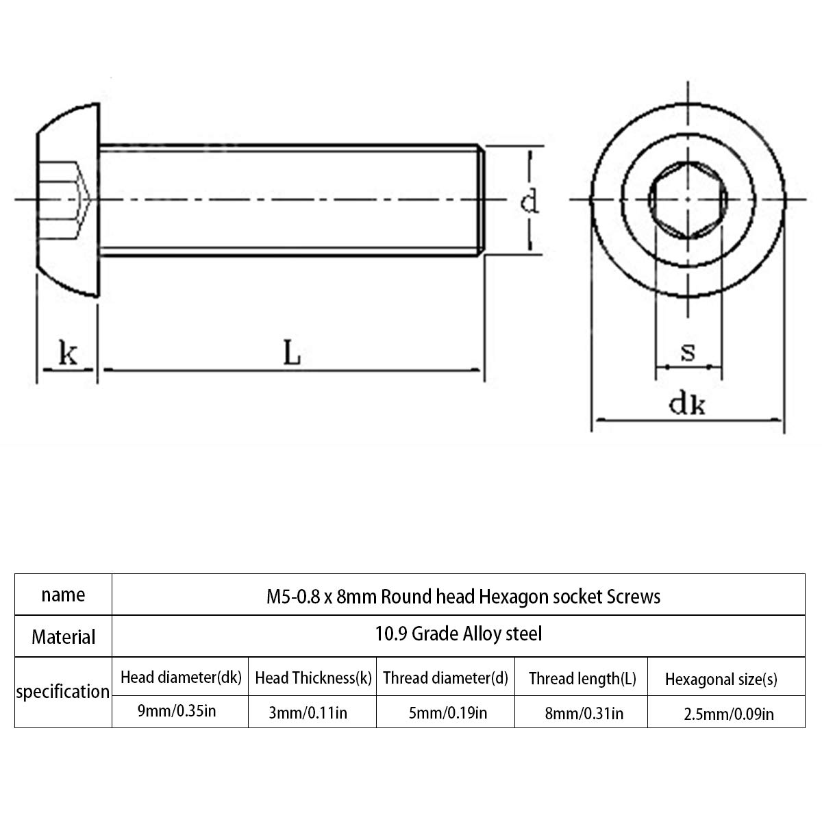 100pcs M5-0.8 x 8mm Round Head Hexagon Socket Screws10.9 Grade Alloy Steel, Oxidized Black Surface Treatment、Full Thread, Allen Socket Drive (Size: M5x8)