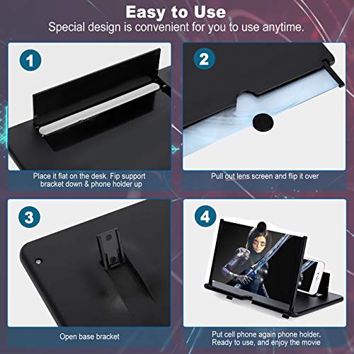 12'' 3D Phone Screen Magnifier – HD Magnifier Projector Screen Enlarger for Videos, Movies, Games – Foldable Phone Stand with Screen Amplifier – Supports All Smartphones (Black)