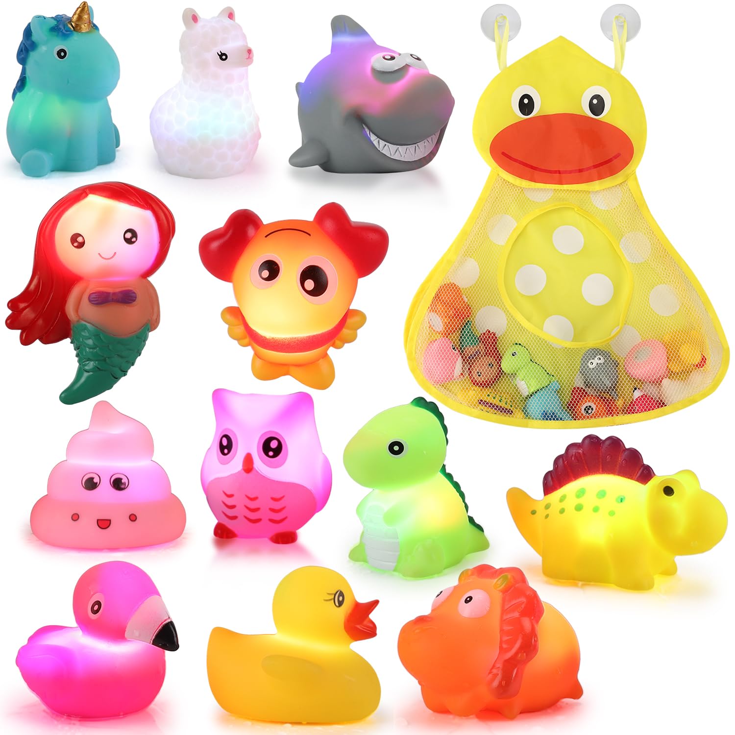 12 PCS Light Up Bath Toys with Duck Mesh Tub Storage Organizer, Toddler Flashing Color Changing LED Bathtub Mermaid Toy in Water for Kids