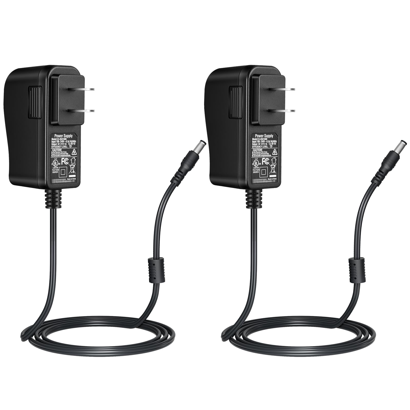 2-Pack AC to DC 5V 1A Power Supply Plug 5.5mm x 2.1mm UL Listed FCC