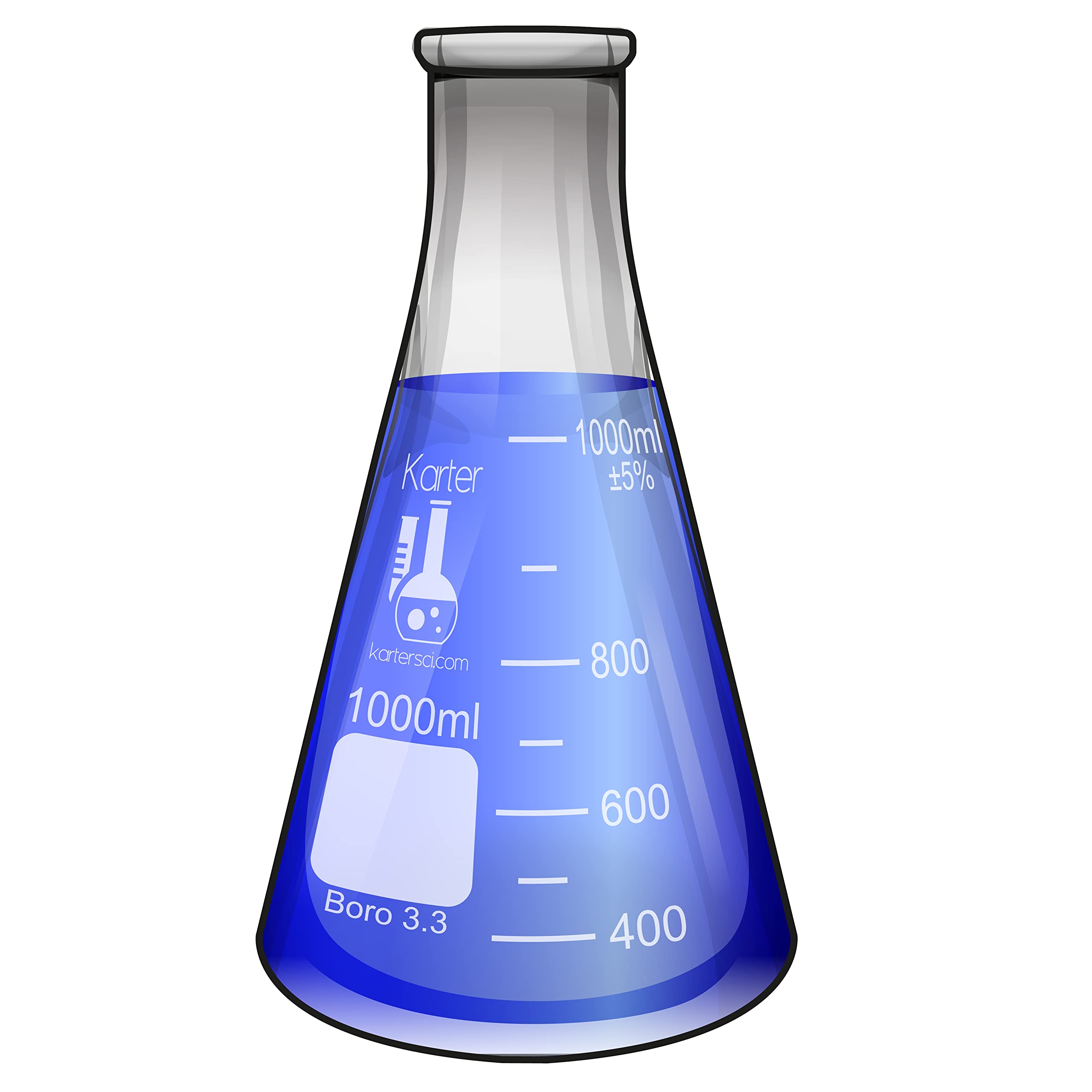 1000ml Narrow Mouth Erlenmeyer Flask, 3.3 Borosilicate Glass, Karter Scientific 223L1 (Pack of 2)