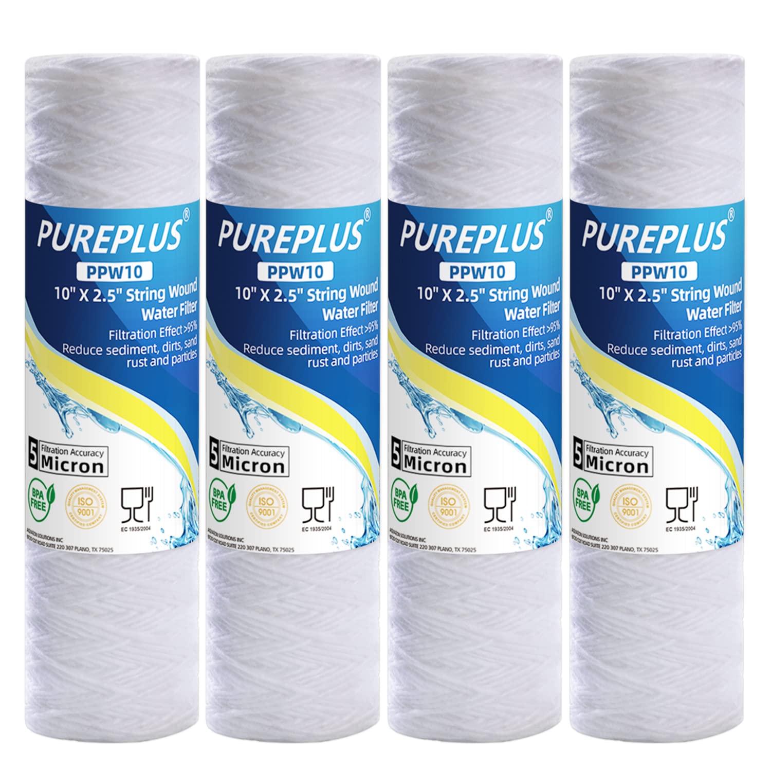 10" x 2.5" Whole House String Wound Sediment & 1 Micron CTO Carbon Water Water Filter Cartridge Replacement for Any 10 inch RO Unit, Countertop Filter System, Culligan P5, Dupont WFPFC8002, 4Combo