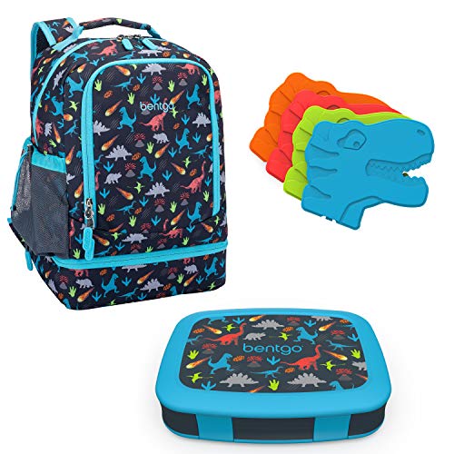 Bentgo 2-in-1 Backpack & Insulated Lunch Bag Set With Kids Prints Lunch Box and 4 Reusable Ice Packs (Dinosaur)