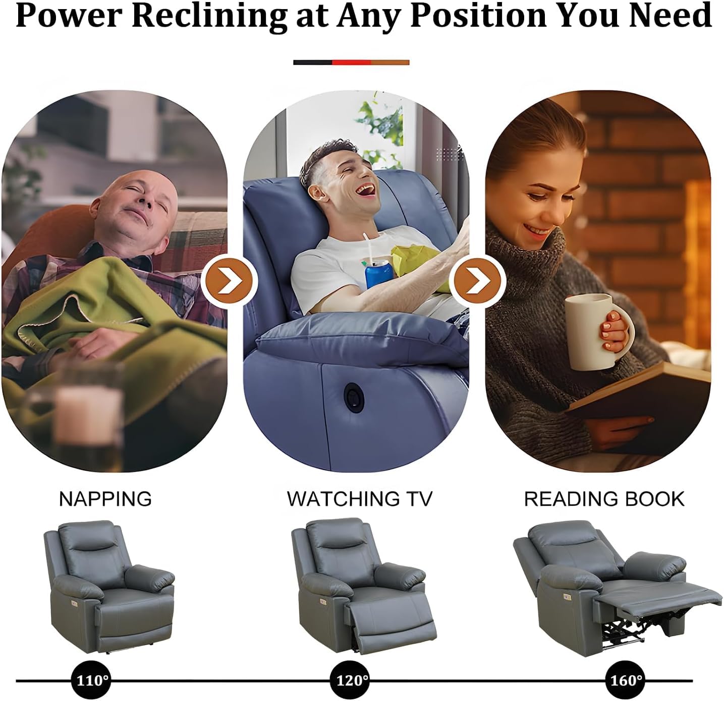 AYCP 1PC Electric Power Recliner Sofa Living Room Furniture, Air Leather Upholstery, USB 2.0 Charging Ports, LED Light Strips, Fold-Down Table & Cupholders (Dark Grey, Sofa), (NGS4791)
