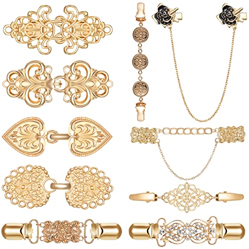 10 Pieces Retro Cardigan Clip Vintage Sweater Swirl Clip Antique Flowers Pattern Shawl Clips Sweater Collar Clip Dresses Shawl Clip Shirt Brooch Clip for Women Mother's Day Gift(Golden)