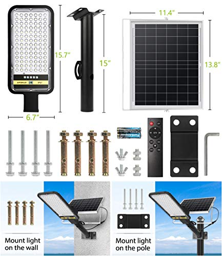 APONUO Solar Street Lights Outdoor,100W Solar Street Light Outdoor Dusk to Dawn Lamp 98 LEDs 7000K Motion Sensor Light with Remote Control Pole Security Led Flood Light for Yard, Garden, Patio