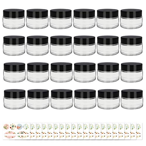 24 Pack 1oz Clear Round Glass Jars - Empty Cosmetic Containers with Inner Liners, black Lids and Glass Sample Jars with labels For Slime, Beauty Products, Cosmetic, Lotion,Powders and Ointments