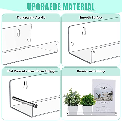 12 Pieces Clear Acrylic Shelf 15 Inch Acrylic Floating Shelves Invisible Ledge Wall Bookshelf for Kids Wall Mounted 3 mm Thick Bathroom Shelves for Office Bedroom Bathroom Kitchen