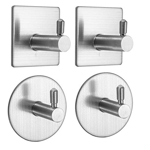 4Packs Towel Hooks SUS 304 Stainless Steel Adhesive Hooks Heavy Duty Wall Hangers, Bathroom Towel Holders Clothes Cabinet Closet Robe Hook Wall Mounted Round Kitchen Door Hanger