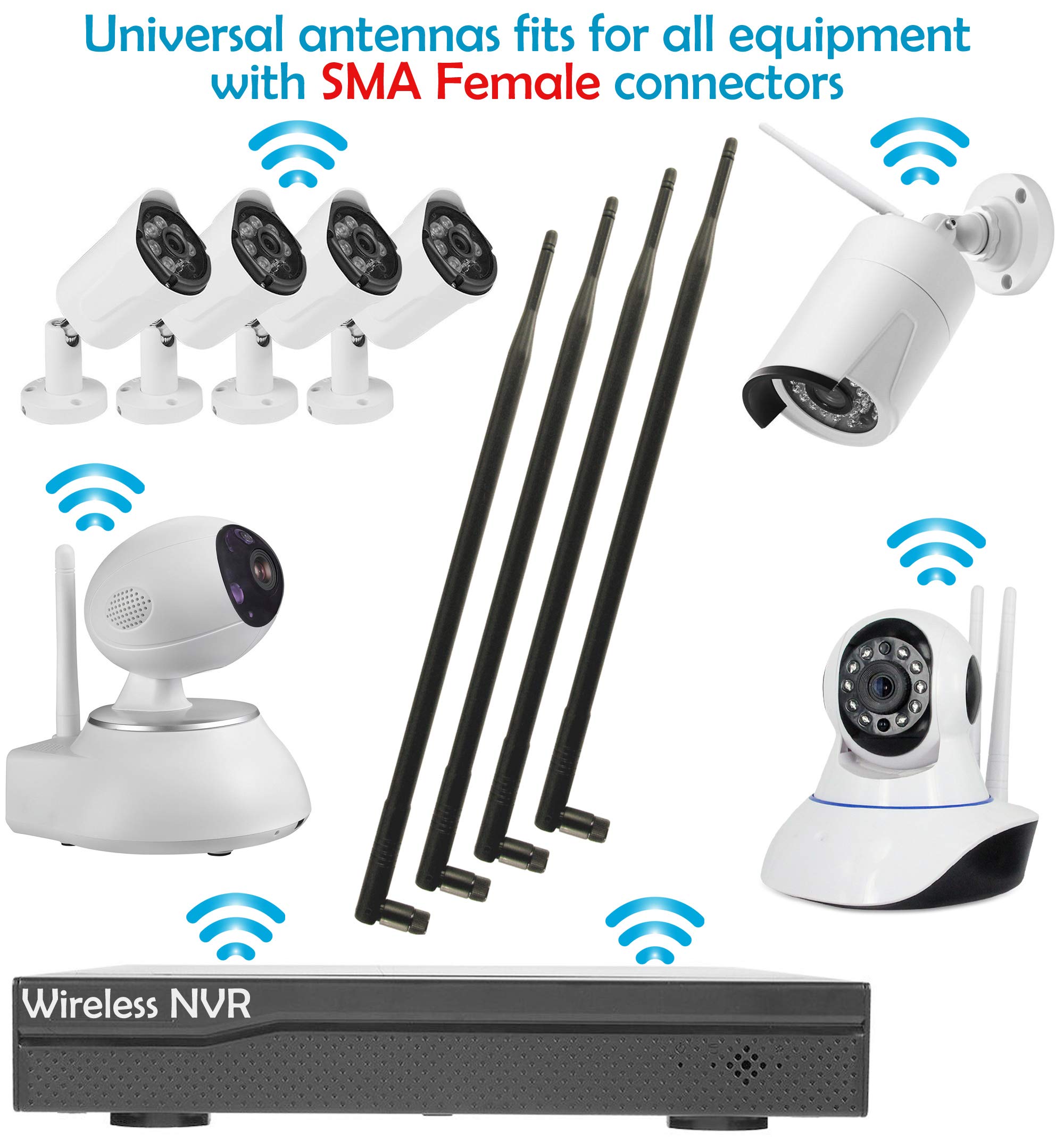 4 pcs of Universal 9dBi Wi-Fi 2.4/5GHz Dual-Band SMA Male Antennas Extension for IP Wireless Security Camera Router and CCTV HD Wireless Camera System Video Antenna for NVR Security IP System