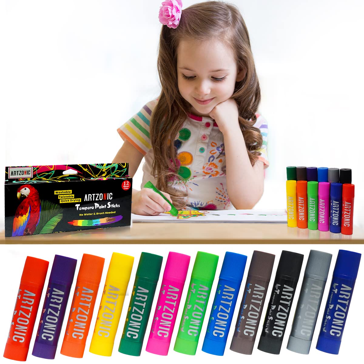 12 Pcs Tempera Paint Sticks for Kids Washable - Mess Free, Quick Drying, Twisted Paint Sticks for Children and Students – Works Perfect on Papers, Wood, Glass, Canvas & Pumpkin (Vibrant Colors)