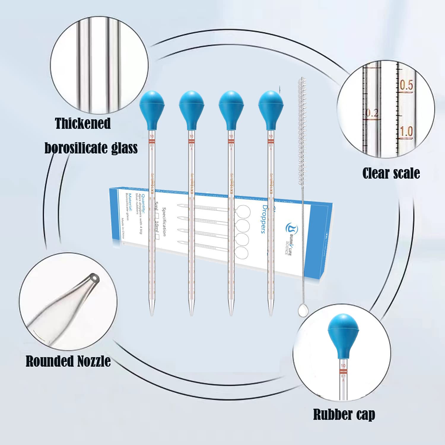 10ML Glass Graduated Droppers Pipettes Dropping Pipettes Fluid and Liquid Pipettors with Big Rubber Caps 4 Pcs