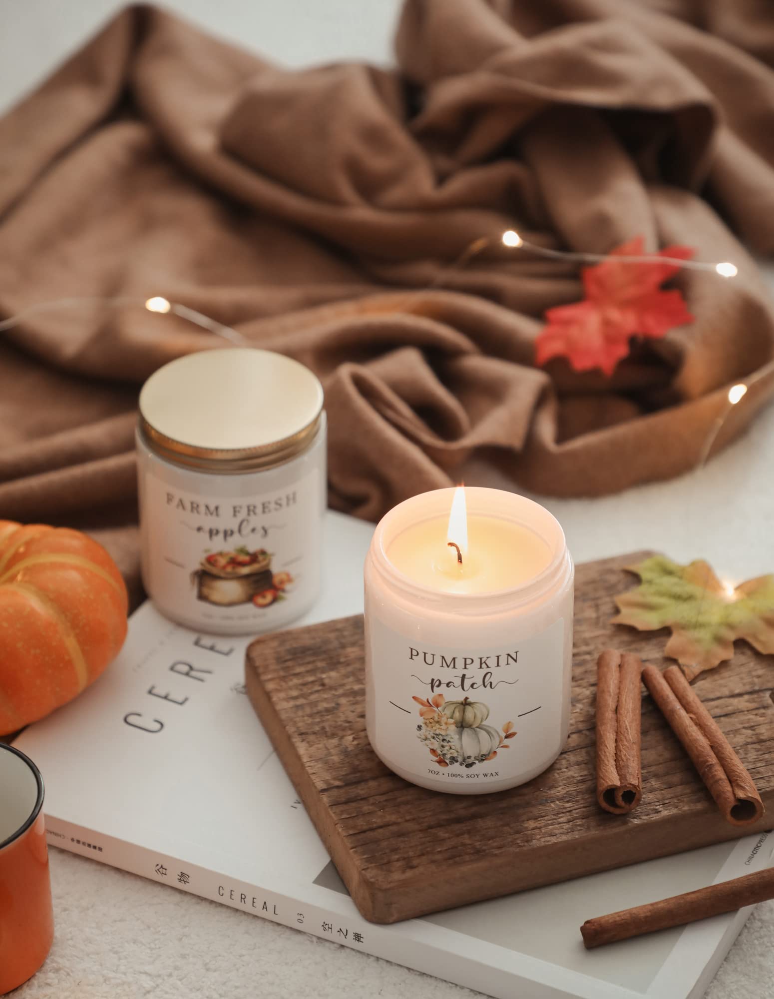 Thanksgiving Fall Scented Candles Set, 2 Pcs 7oz Pumpkin Spice and Apple Cider Candle, Thanksgiving Fall Candle Gifts for Women, Thanksgiving Table Centerpiece, Fall Decorations for Home