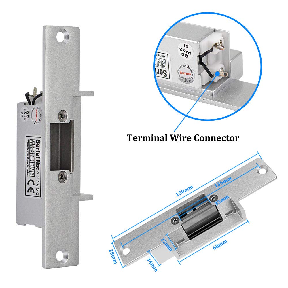 HFeng RFID Access Control System Kit Outdoor IP68 Waterproof Access Control Keypad + NC Fail Safe Electric Strike Locks + DC12V Power Supply + 10pcs 125KHz EM4100 Keyfobs Cards