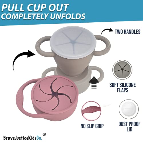 BraveJusticeKidsCo. | Snack Attack I&II Baby Snack Cup | 2 pack | Silicone Collapsible Toddler Snack Cup (Dusty Rose and Fog)