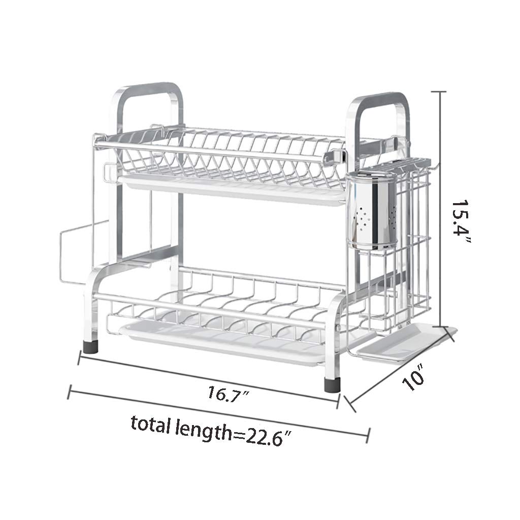 2-Tier Dish Rack, Colture Stainless Steel Dish Drying Rack with Utensil Holder and Drain Board Wine Glass Holder Easy-Storage Rustproof Kitchen Counter Dish Drainer Rack Organizer, Silver