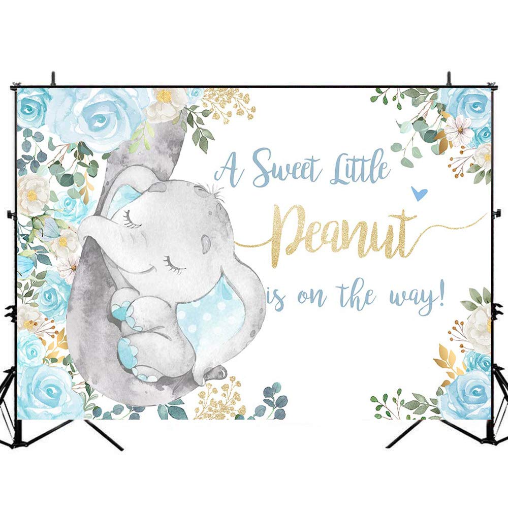 Avezano Boy Elephant Baby Shower Backdrop Blue Floral Rpse Jungle Elephant Baby Shower Background Vinyl Blue and Gold Elephant Baby Shower Party Decorations Backdrops for Boys (8x6)