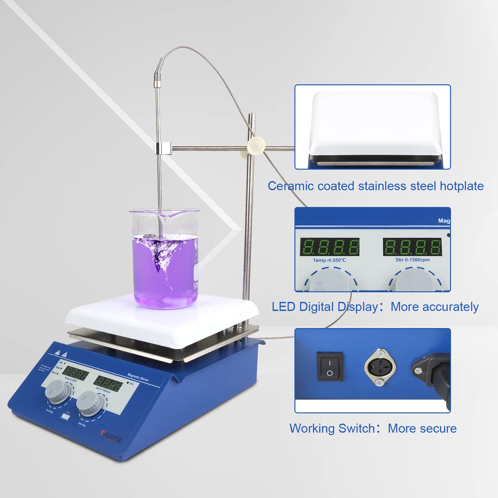 Digital Magnetic Hotplate Stirrer LED Display with Temperature Probe and Stir Bar Mixer 20L Stirring Capacity 350°C/662°F Hot Plate with Magnetic Stirrer 1500RPM
