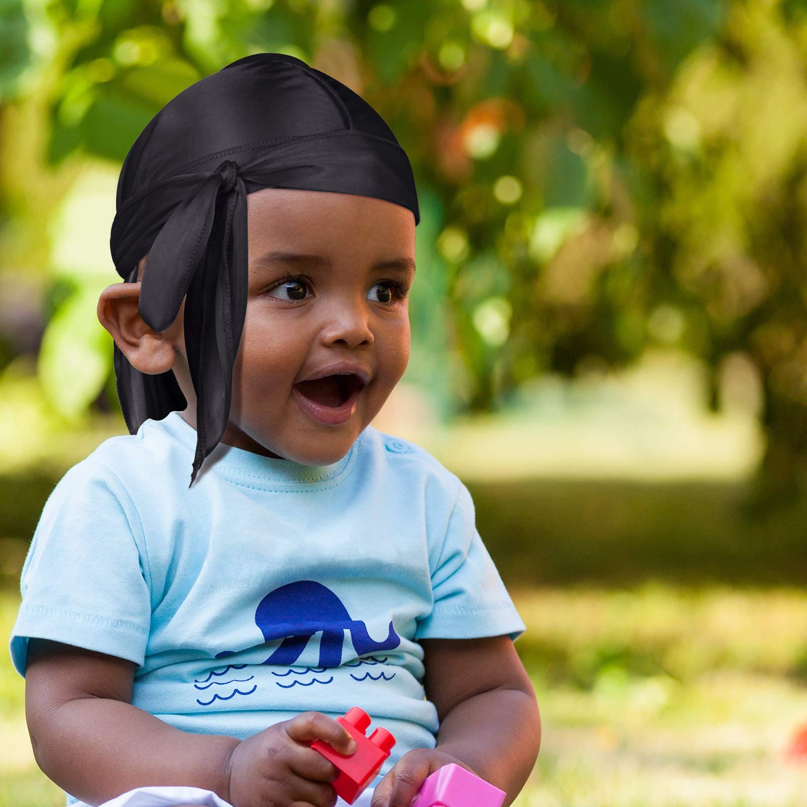 4 Pieces Baby Silky Durags with Long Tail and Wide Straps Kids Satin Durag Caps Child Headwraps for 360 Waves (Black, Wine Red, Green, Navy Blue)