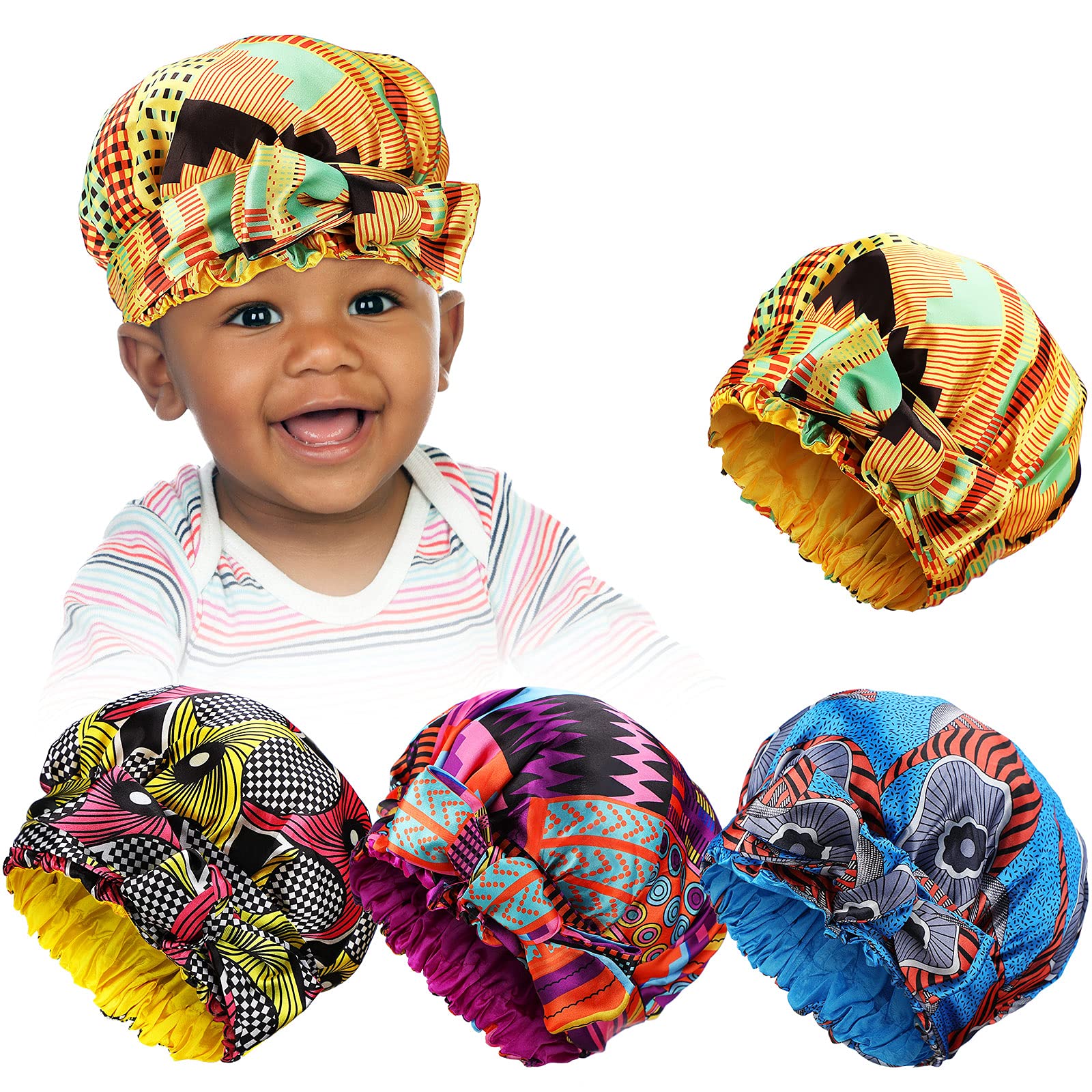 4 Pieces Kids Silk Bonnet Sleep Cap Adjustable Sleeping Cap Satin Hair Bonnet Hat Flower Night Hat Bonnet with Ties for Hair Teens Toddler Child Baby Infant (African Print) Multicoloured
