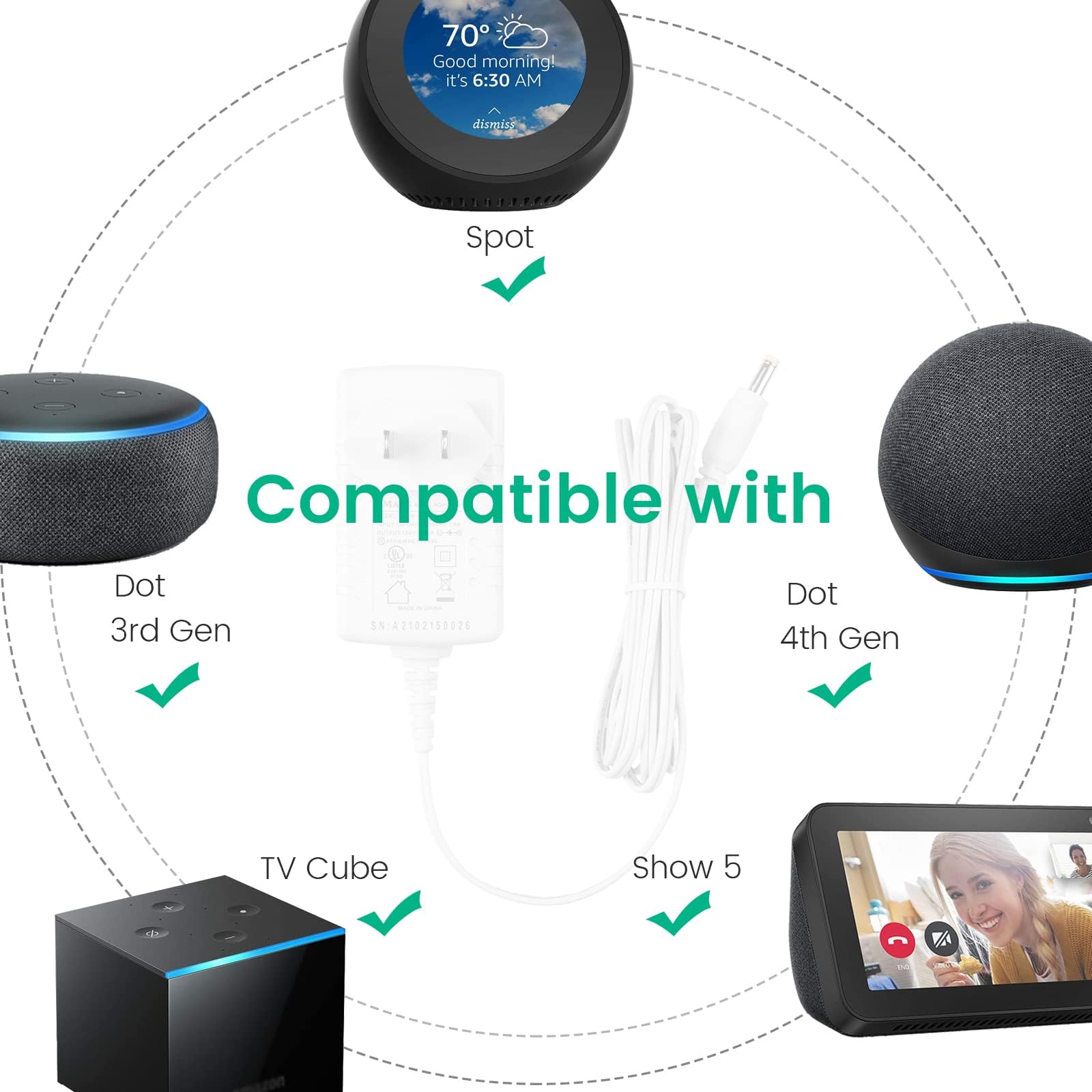 15W Power Cord Replacement for Echo Dot 5th Gen, 4th Gen, 3rd Gen, Dot Kids Edition, Dot with Clock, Pop, White DC Charger Adapter with 5ft Cable
