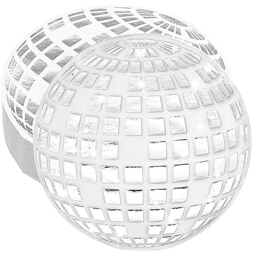 100 Pack 6.4 Inch Silver Foil Napkins Disposable Beverage Napkins Christmas Party Paper Napkins Party Decorations for Wedding Birthday Disco Party Bridal Shower Engagement(Disco Ball)