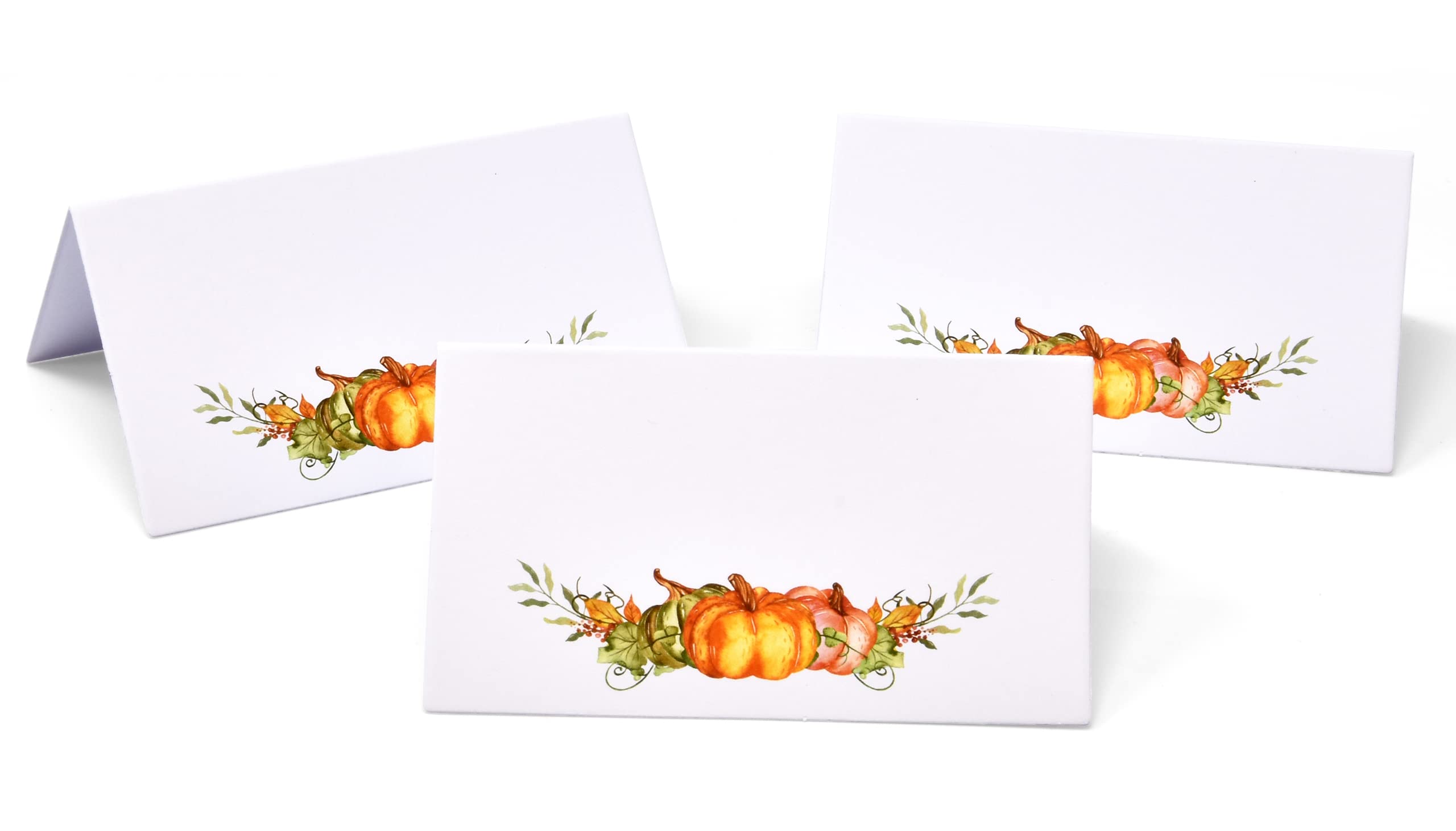 100 Pack Thanksgiving Place Cards with Pumpkins and Fall Leaves Seating Harvest Name Card Table Setting Folded Paper Autumn Tent Cards for Dinner Wedding Tables Placement Party Decorations 2" x 3.5"
