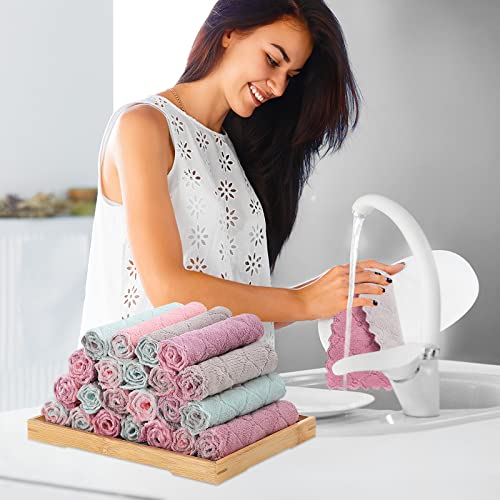 11Pack Kitchen Dish Cloths, Reusable Dish Towels, Nonstick Oil Washable Fast Drying, Super Absorbent Coral Velvet Cleaning Cloths for Cleaning Tableware, Kitchen, Bathroom (Pink-green10 x 6")