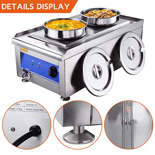1200W Commercial Food Warmer with Dual 7L Pots Stainless Steel Countertop Steam Table Soup Restaurant Buffet,Easy Cleaning and Simple Maintenance