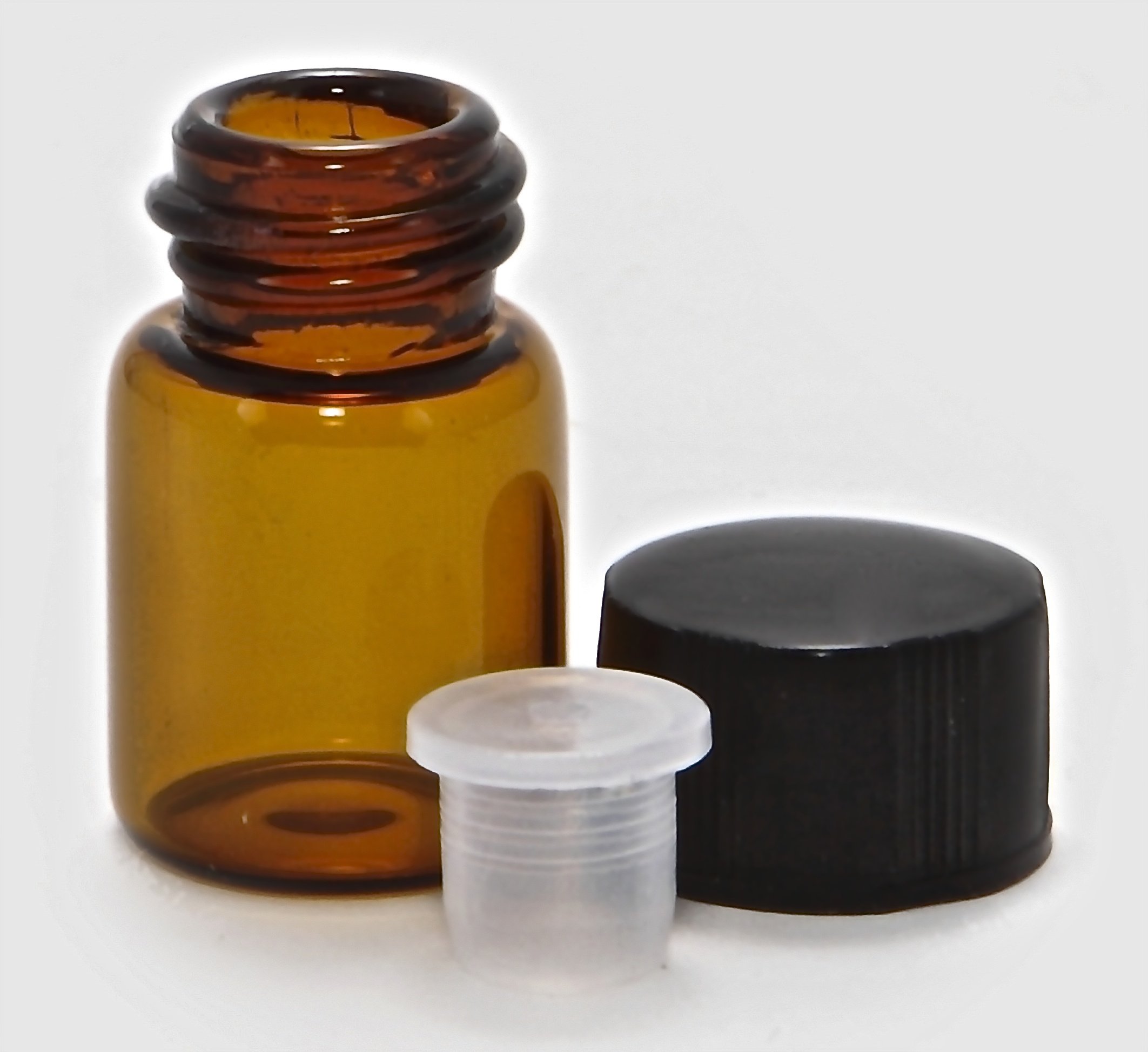 24, Amber, 2 ml (5/8 Dram) Glass Bottles, with Orifice Reducers and Black Caps