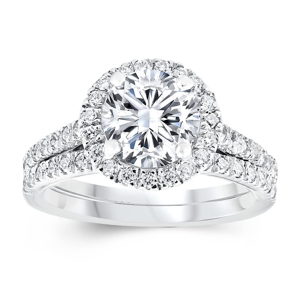 1-1/2 Carat (ctw) Halo Bridal Sets Engagement Ring Set for Women Classic Round Moissanite Wedding Ring Set Platinum Plated Silver 10K 14K 18K Gold White Gold Free Engraving (10K Gold)