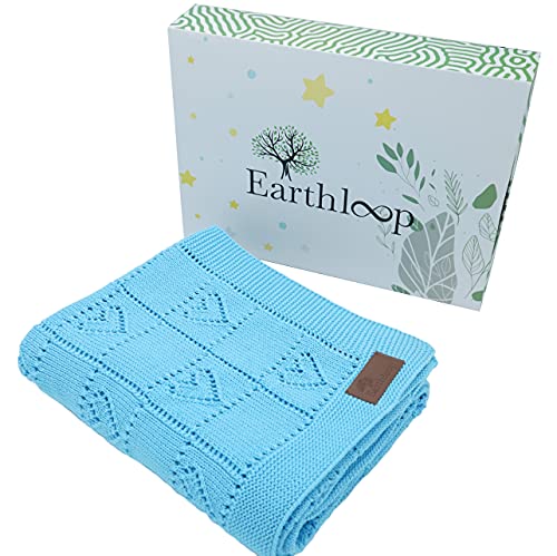 100% Organic Cotton Large Knit Baby Blanket, Swaddle, Receiving, Stroller and Photography Blankets, Pink, Blue and White, 40”x47” GOTS Certified – Boy, Girl for Newborn, Infant and Toddler (Blue)