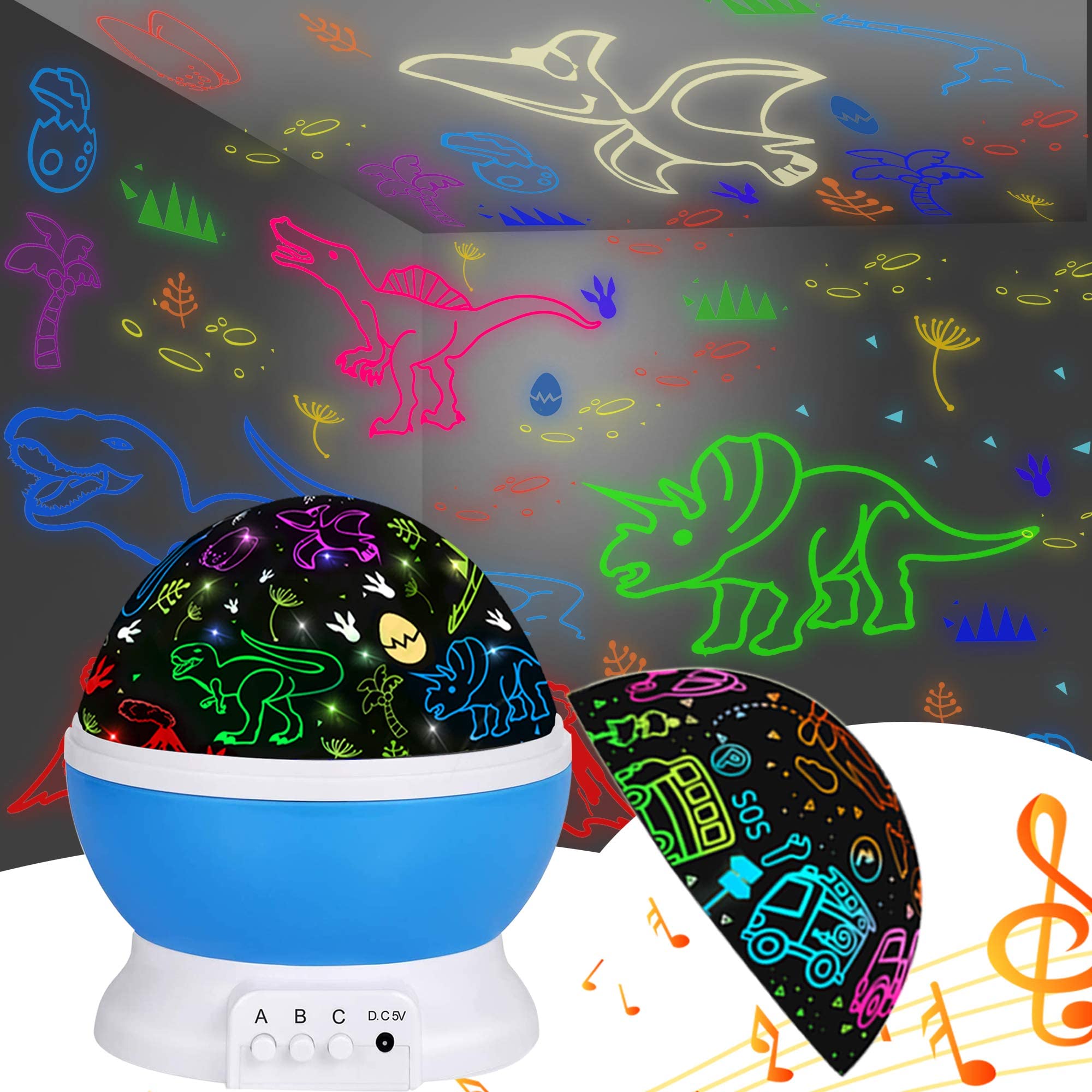 HONGID Dinosaur Night Light for Kids,Night Light Projector Built-in 12 Light Songs 360 Degree Rotating 16 Colorful Lights for Children Kids Birthday, Parties.Baby Stuff