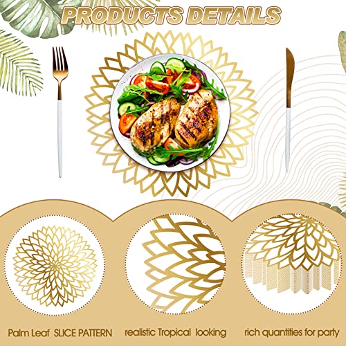 100 Pack Disposable Gold Metallic Round Paper Place Mats 13 Inch Laminated Paper Leaf Dining Table Decoration Pressed Paper Round Table Mates for Dining Table Wedding Home Decoration (Gold Bloom)